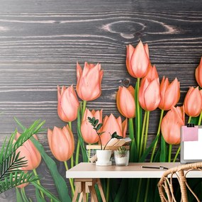 Samolepící fototapeta oranžové tulipány na dřevěném podkladu