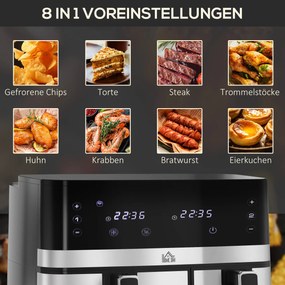 HOMCOM Horkovzdušná fritéza 8,5 l Dvoukomorová fritéza 8v1 s nepřilnavým povrchem Dotykový displej Chytrý časovač bez oleje Černá | Aosom