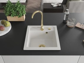 Mexen Vito, granitový dřez 520x490x210 mm, 1-komorový, bílá se zlatým sifonem, 6503521000-20-G