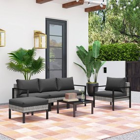Outsunny Zahradní Lounge Set 5-Dílný, Balkonový Set z Plastového Rattanu s Křesly, Ottomanem, Kavovým Stolkem, Vyměnitelnými Polštáři, Nosnost 120kg,