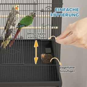 PawHut klec pro ptáky velká klec pro andulky s podnosem, policí, krmítkem, ptačí budka na kolečkách pro kanáry, ocel 63 x 53 x 144 cm černá