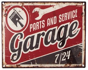 Červená nástěnná kovová cedule Parts and service garage – 25x20 cm