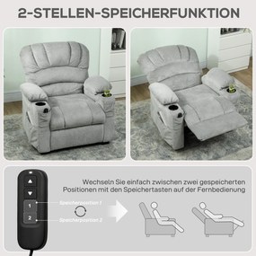 HOMCOM Elektrické relaxační křeslo, televizní křeslo s funkcí ležení, USB, držák na nápoje, 2 paměťové pozice pro obývací pokoj, šedá