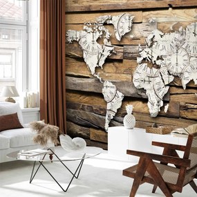 Fototapeta Uplynulý čas - mapa světa s motivem hodin na hnědém dřevě