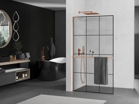 Mexen Kioto+ L, sprchová zástěna Walk-In s poličkou a věšákem 100 x 200 cm, 8mm čiré sklo černý vzor, ​​měděný matný profil, 800-100-123-65-77