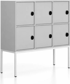 Kancelářská skříň FRAME, nízká, bílá podnož, 6x dveře, 1299 x 450 x 1331 mm, kódový zámek, šedá