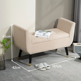 HOMCOM Luxusní sedací lavice Čalouněná lavice s úložným prostorem Područky Truhlicová lavice Sametový polyester kaučukovník Béžová 107 x 42 x 65 cm