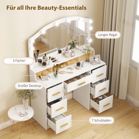 HOMCOM Toaletní stolek s 10 LED hollywoodskými žárovkami, zrcadlo, 7 zásuvek, 3 přihrádky, MDF, bílá