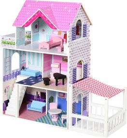 HOMCOM Dřevěný domeček pro panenky se 3 patry a terasou 86x30x87 cm s 13 díly nábytku a doplňky Roztomilý design | Aosom