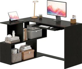 HOMCOM rohový stůl, 120 x 100 x 76 cm, L‑tvar psací stůl s výsuvem na klávesnici, 4 otevřené přihrádky, černý