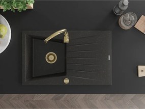 Mexen Cesar, granitový dřez 775x470x190 mm, 1-komorový, černá-zlatá metalíza se zlatým sifonem, 6514771010-75-G