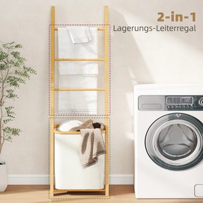 HOMCOM Koupelnový regál, 2-v-1, s 3 tyčemi, odnímatelný koš na prádlo 48 l, bambus, 43 x 35 x 133 cm, krémově bílý