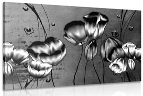 Obraz máky v etno nádechu v černobílém provedení - 60x40 cm