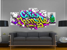 Obraz Papoušek na muralu (5-dílný) - městské graffiti s módním nápisem