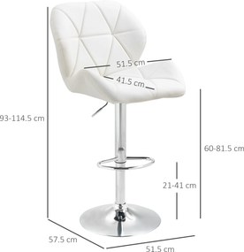 HOMCOM Set 2 Barových Židlí s Nastavitelnou Výškou, Kovová Základna a Sedadlo z PU Kůže, Židle s Opěradlem a Opěrkou Nohou, 51,5x57,5x93-114,5cm, Bílá