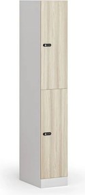 Šatní skříňka S1 s úložnými boxy, 2 boxy, 1850 x 300 x 500 mm, demont, mechanický kódový zámek, laminované dveře, dub přírodní