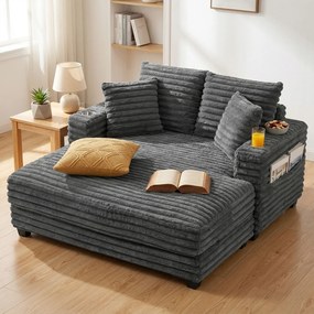 HOMCOM rozkládací pohovka pro 2 osoby s chaise, šedý kordurový potah, polštářky, područky s držáky na nápoje – 134 × 151 × 89 cm