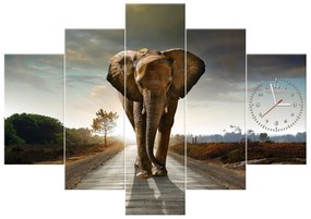 Gario Obraz s hodinami Osamělý silný slon - 5 dílný Rozměry: 150 x 70 cm