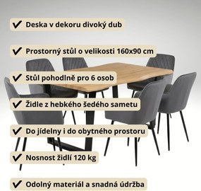 Vikio Jídelní set pro 6 osob 160x90 cm dub noha U šedá židle s područkami VJS166-6S