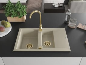 Mexen Gaspar, granitový dřez 737x475x177 mm, 1,5-komorový, béžová se zlatým sifonem, 6507731505-69-G