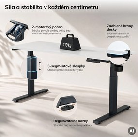 Elektrický stůl s nastavením výšky ergonomický antracitově-bílý, 1600x800 mm: ARIA