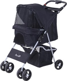 PawHut Skládací Vozík pro Zvířata – Nosítko pro Malé Psy s Nastavitelnou Sluneční Clonou, Úložným Košíkem a 2 Univerzálními Koly, Nosnost 15 kg, 75x46