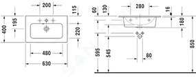 DURAVIT - ME by Starck Umyvadlo nábytkové Compact, 630x400 mm, bez otvoru pro baterii, s WonderGliss, alpská bílá (23426300601)