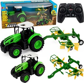 LEAN Toys Zemědělský traktor s hrabací lištou, dálkově ovládaný RC, se světly, měřítko 1:24