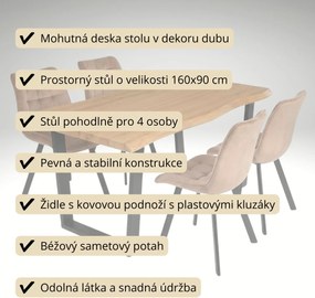 Vikio Jídelní set pro 4 osoby 160x90 cm dub noha U béžová židle VJS156-4BE-S