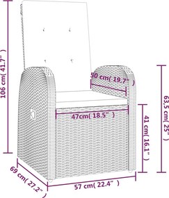 vidaXL Nastavitelné zahradní židle 2 ks s poduškami polyratan šedé [47676]