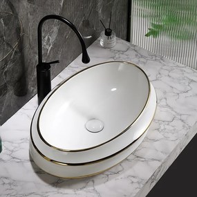 BPS-koupelny Keramické umyvadlo na desku HYD-YO-WH-GL-LN-600 60x40 cm, bílé/zlatý proužek