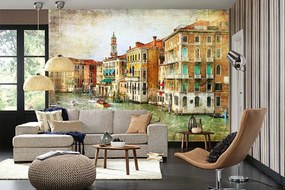DIMEX | Samolepicí vliesová fototapeta na zeď Vintage romantické Benátky MA-5-2023 | 375 x 250 cm | zelená, modrá, oranžová, hnědá