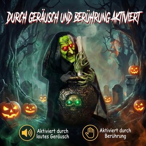 HOMCOM Animovaná halloween stolní čarodějnice se zvukem smíchu, svítícíma očima a zvukovou/touch aktivací