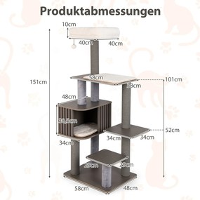Costway 151 cm škrabadlo s jeskyní pro kočky a škrabadlo a míč a odnímatelné
