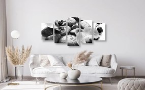 5-dílný obraz krásná souhra kamenů a orchideje v černobílém provedení - 200x100 cm