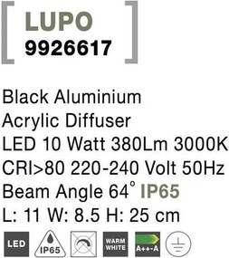 NV 9926617 Venkovní nástěnné svítidlo LUPO černý hliník akrylový difuzor LED 10W 3000K 220-240V 64st. IP65 - NOVA LUCE