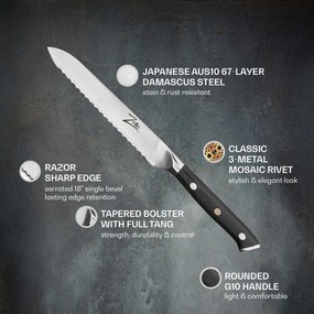 Alpha-Royal Japanese Series, 5,5" univerzální nůž, zoubkovaný okraj, damašková ocel