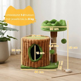PawHut Škrabadlo 53 cm vysoké, kočičí strom s jeskyní, design kmene stromu, jutové stromy, 2 míčky pro 1-2 kočky do 5 kg, hnědo+zelené