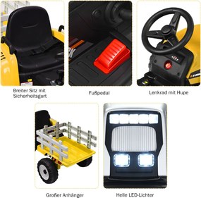 Costway Dětský traktor 12 V s přívěsem na baterie elektrické autíčko žluté, žluť