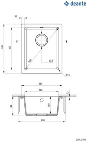 Deante Corda, granitový dřez pod desku 380x460x194 mm, 3,5" + prostorově úsporný sifon, 1-komorový, černá, ZQA_N10B