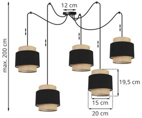 Závěsné svítidlo BOHO SPIDER, 5x jutové/černé textilní stínítko