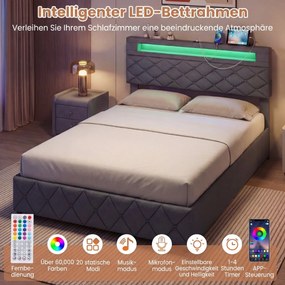 Costway Rám manželské postele s LED světly a porty USB na platformě