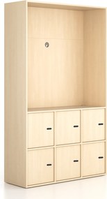 Kancelářská skříň FRAME, 6x dveře, prostor pro TV, 1299 x 450 x 2162 mm, mechanický kódový zámek, bříza
