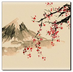 Obraz na plátně - Tradiční sumi-e obraz: sakura, slunce a hory - čtverec 3271FA (50x50 cm)