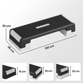 SPORTNOW Aerobic Stepper – nastavitelný na 3 výšky (15/20/25 cm), protiskluzový, nosnost 250 kg – kompaktní černý step pro domácí cvičení