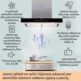 Klarstein Alinea 60 Smart, digestoř, 60 cm, nástěnná, 555 m³/h, Wi-Fi, A++, dotykový displej