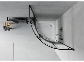 Mexen Rio, čtvrtkruhový sprchový kout s posuvnými dveřmi 90 (dveře) x 90 (dveře) x 190 cm, 5mm čiré sklo s pásky, černý profil + Rio sprchová vanička bílá, 863-090-090-70-20-4710