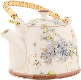 Krémová konvička s modrými květy a se sítkem - 18*14*12 cm / 800 ml