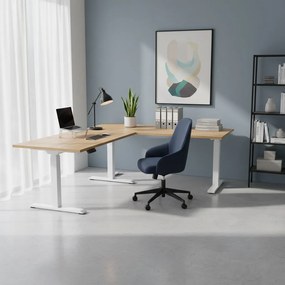 Výškově nastavitelný stůl OfficeTech Angle, 180 x 200 cm, bílá podnož, dub zlatý