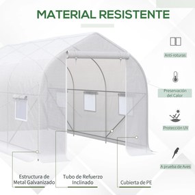 Zahradní skleník Outsunny 4x2x2 m tunelového typu s 6 větracími okny a rolovacím zipovým dveřmi pro pěstování rostlin a zeleniny, bílý